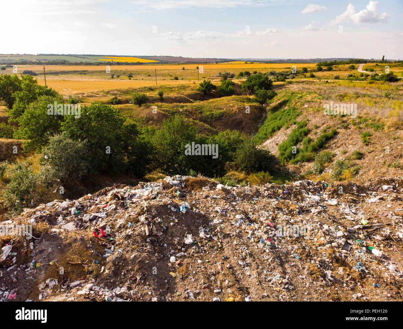 City Dump concept. Aerial Drone View. Environmental pollution. Plastic ...