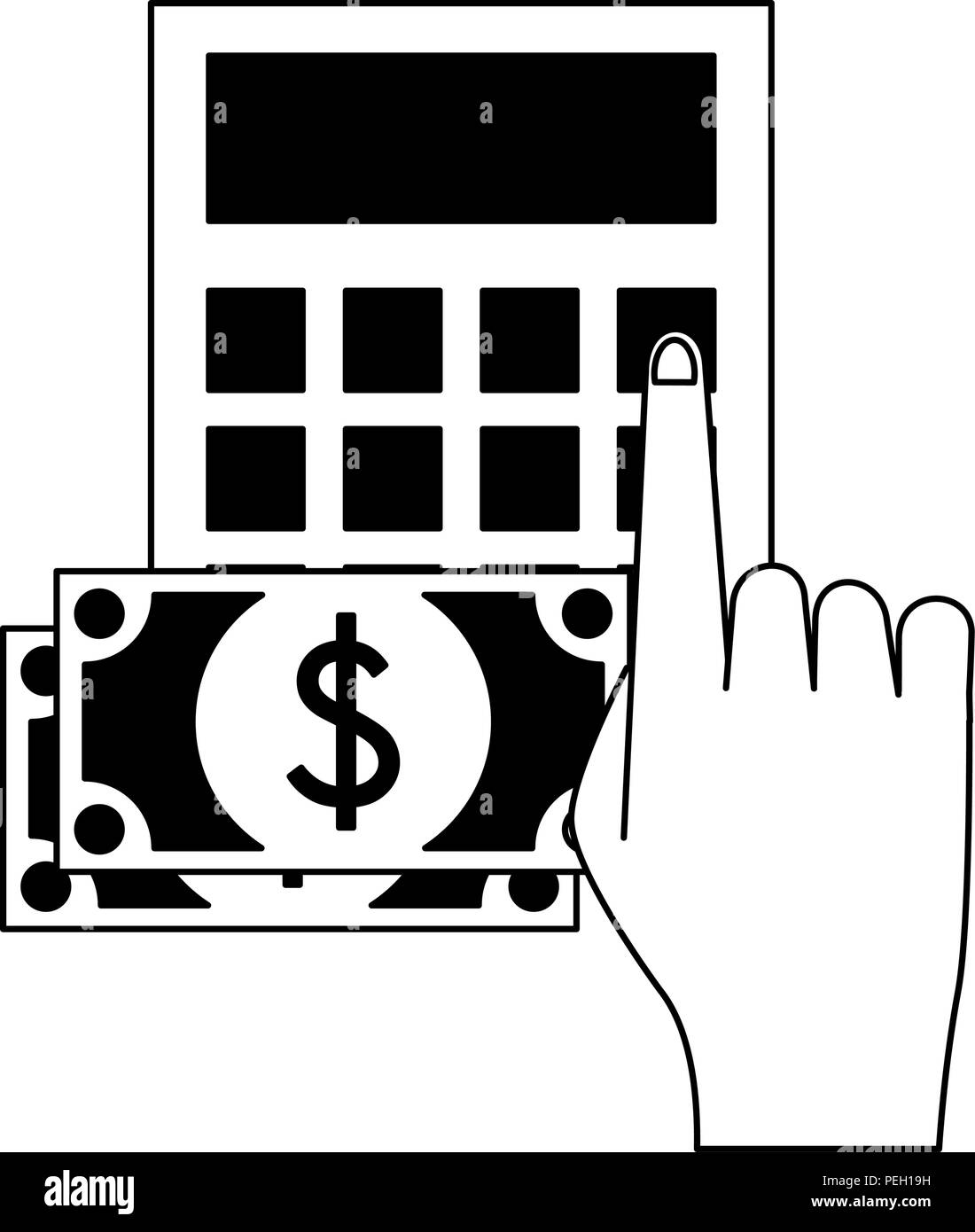 Hand with calculator and money in black and white Stock Vector Image ...