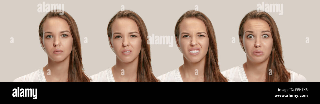 Annoyed irritated young feeling frustrated with something against gray ...