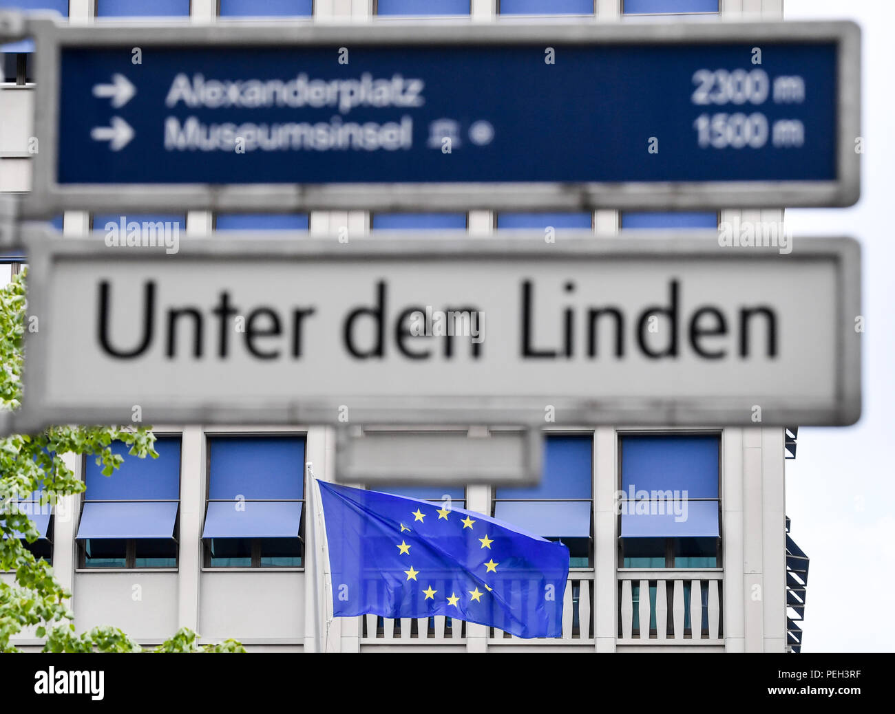 Berlin, Germany. 14th Aug, 2018. An EU flag is waving at a building on ...