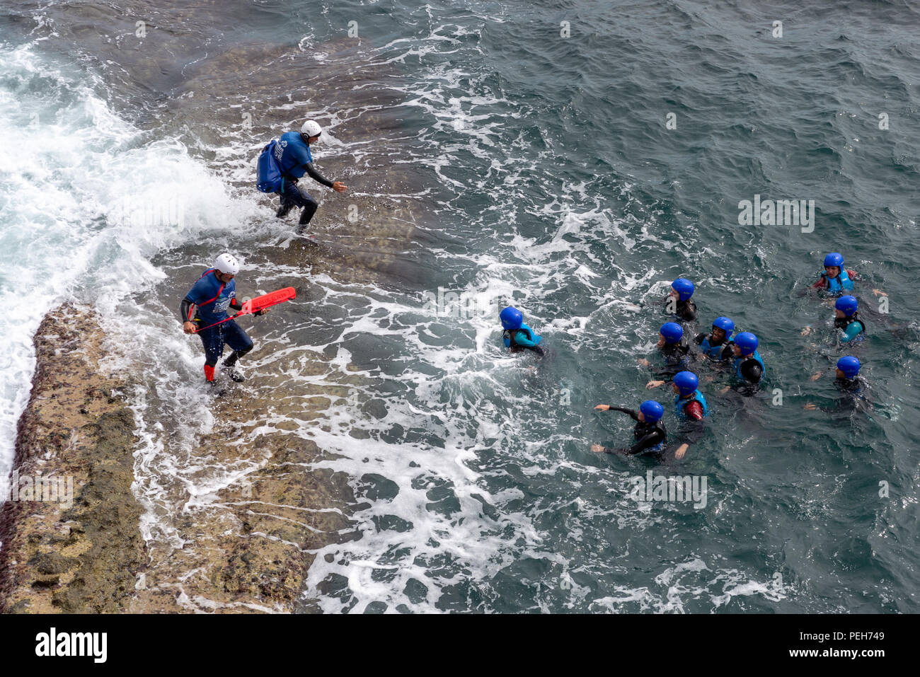 Coasteering group in sea water at Dancing Ledge, Jurassic Coast, Swanage, Dorset, England, UK ...