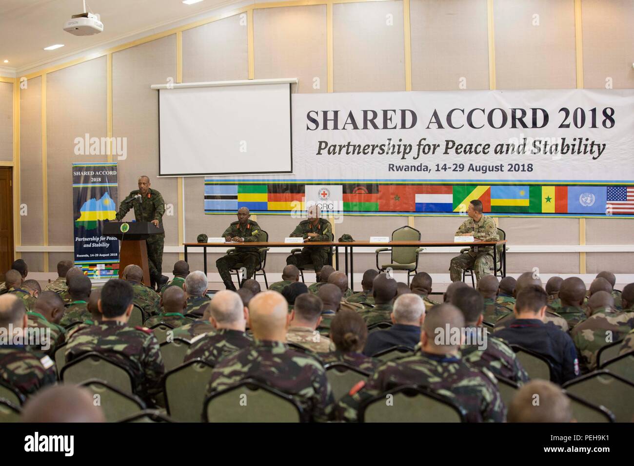 Gako, Rwanda. 15th Aug, 2018. Patrick Nyamvumba (1st L, Rear), Chief of ...