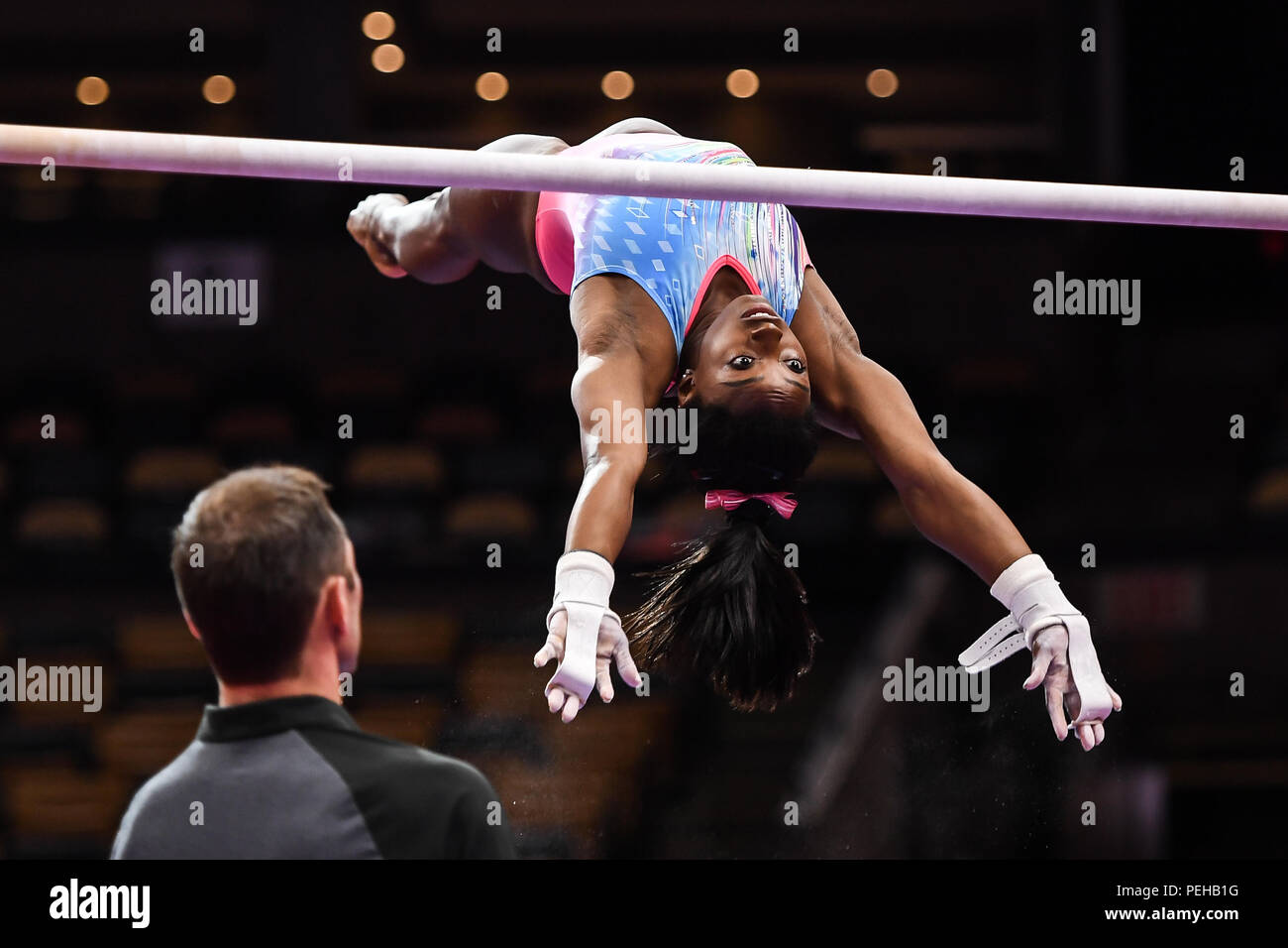 Boston, Massachussetts, USA. 15th Aug, 2018. SIMONE BILES practices her ...
