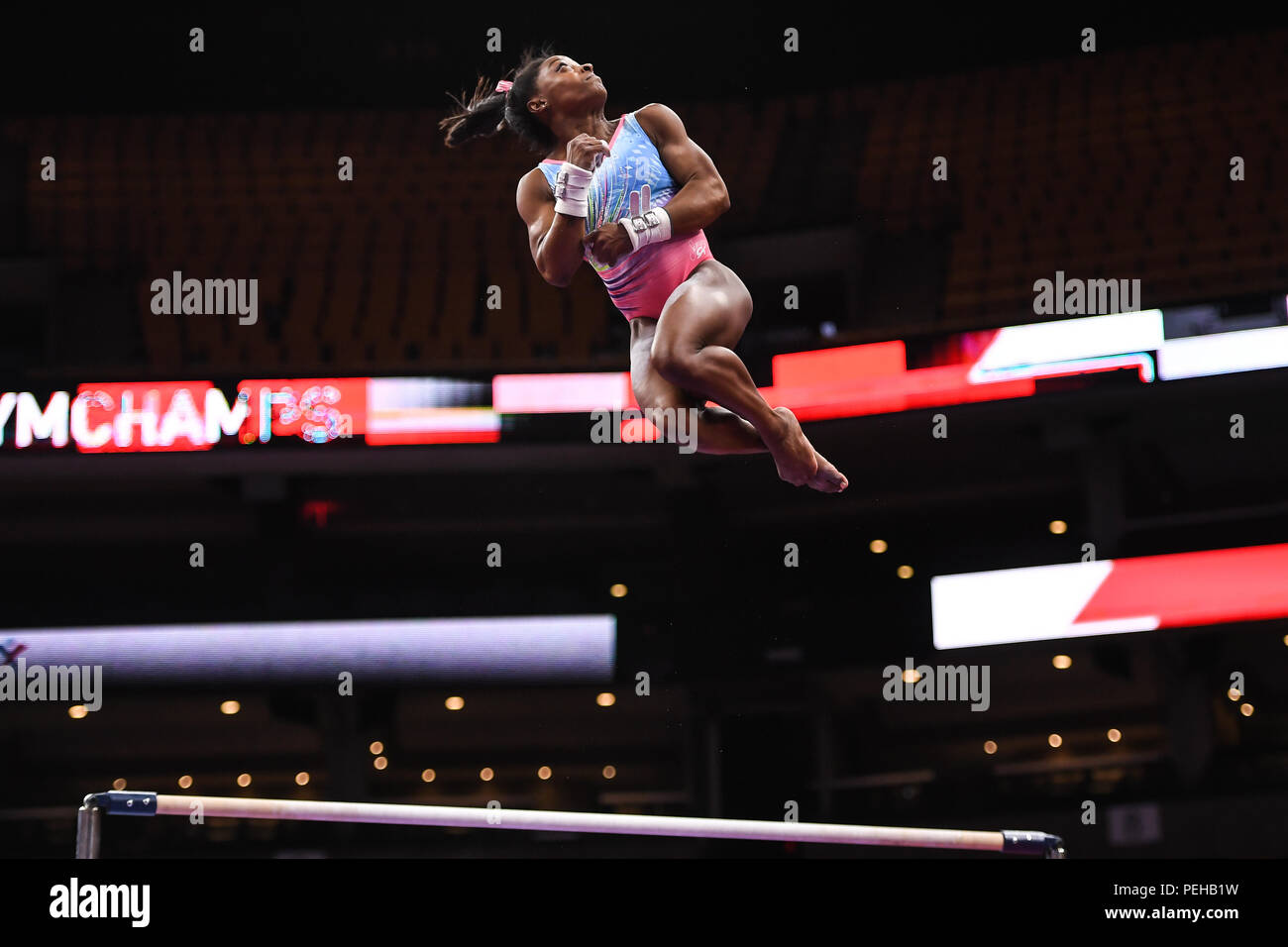 Boston, Massachussetts, USA. 15th Aug, 2018. SIMONE BILES practices her ...