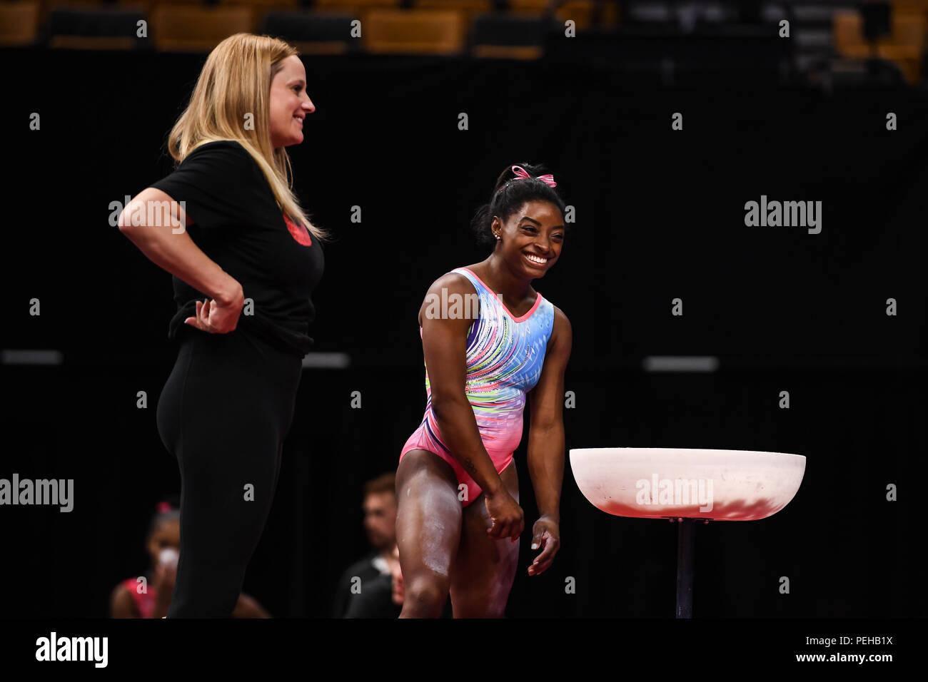 Boston, Massachussetts, USA. 15th Aug, 2018. SIMONE BILES laughs with ...