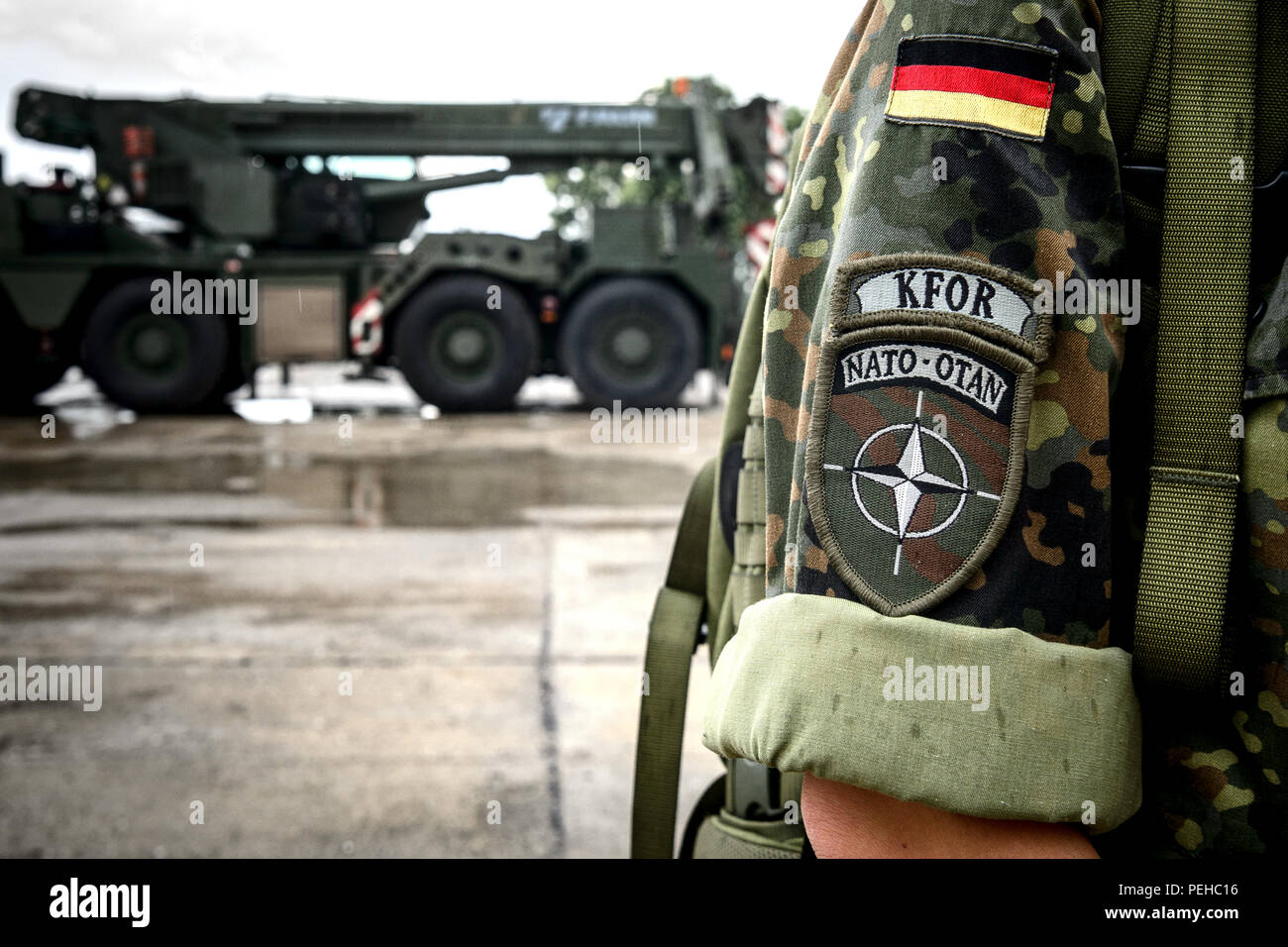 Kosovo, Prizren. 18th July, 2018. "KFOR Nato-Otan" stands on the sleeve ...