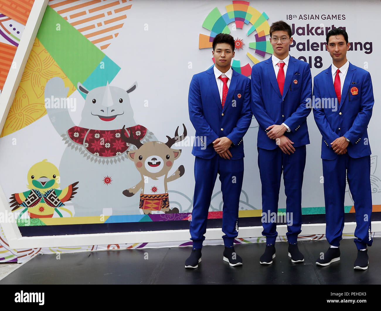 Jakarta, Indonesia. 16th Aug, 2018. Chinese swimmers Shang Keyuan, He Junyi and equestrian ...
