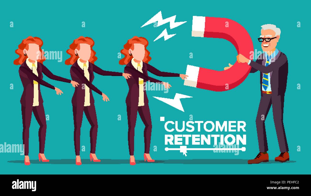 Customer Retention Vector. Businessman With Giant Magnet Attracts ...