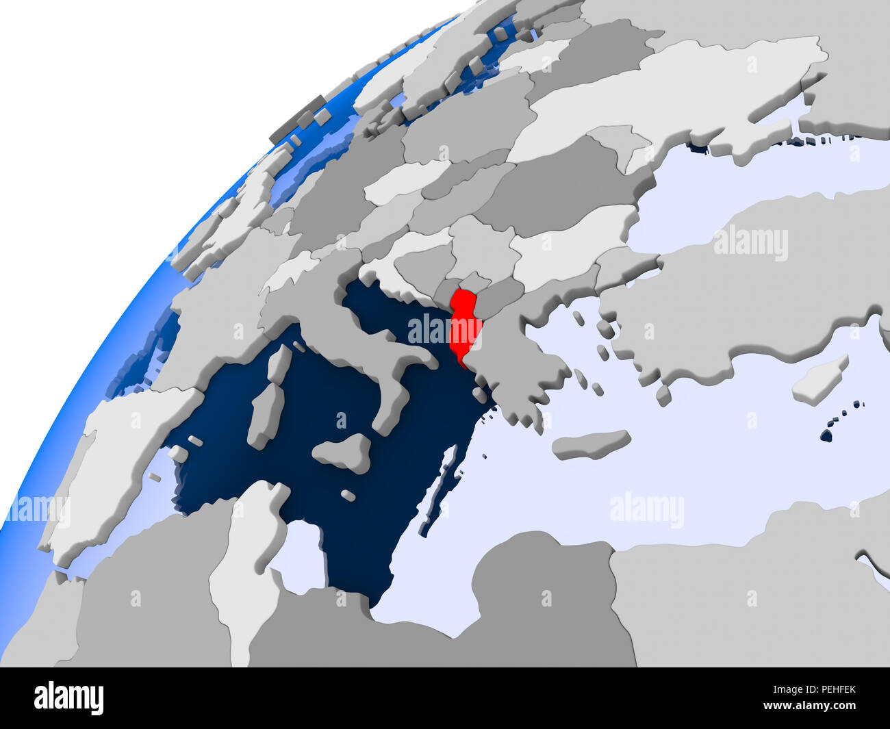Albania on simple political globe with visible country borders and ...