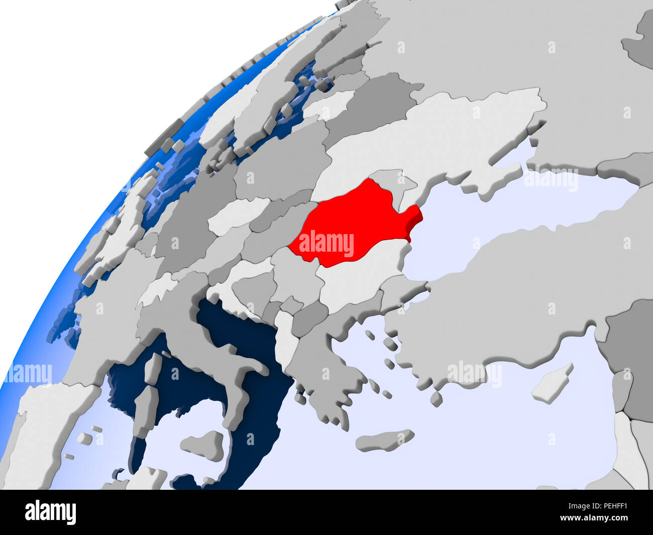 Romania on simple political globe with visible country borders and ...