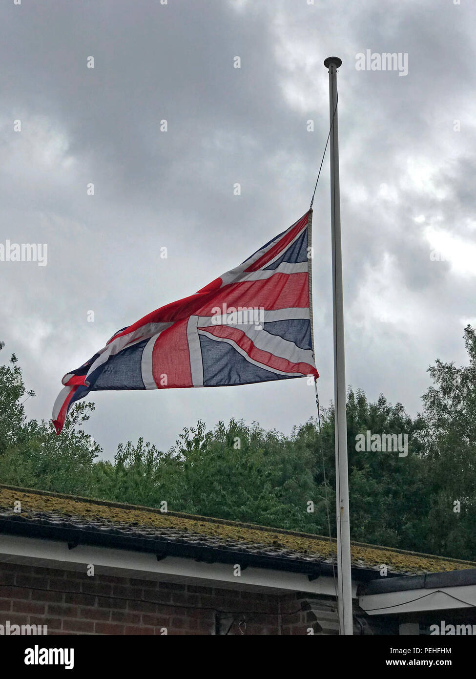 Union Flag, Union Jack at half-mast denoting a death, at Grappenhall ...