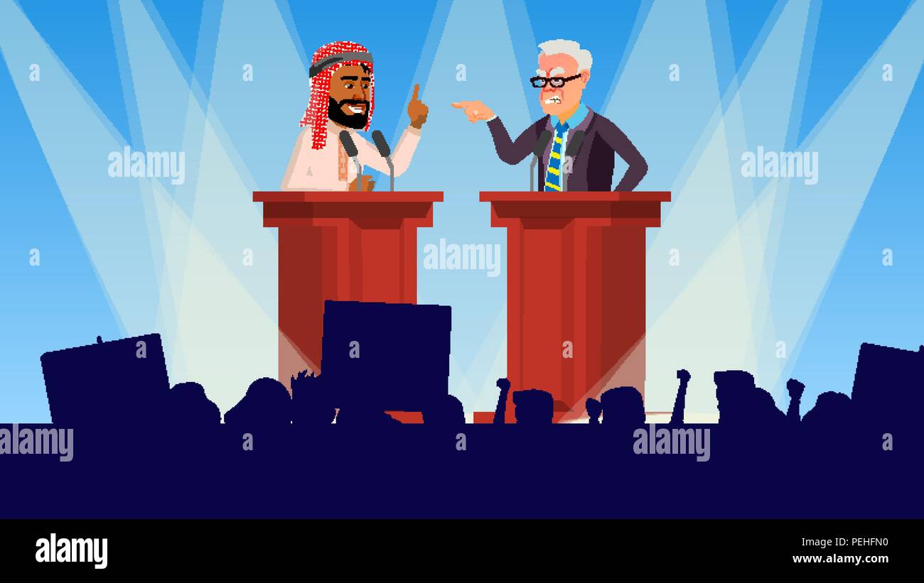 Political Meeting Vector. Speakers Addresses An Audience. Tribune ...