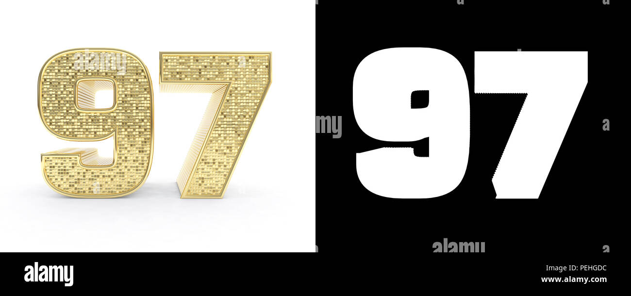 Golden number ninety seven (number 97) on white background with drop ...