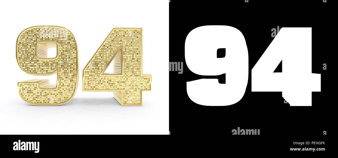Golden number ninety four (number 94) on white background with drop ...