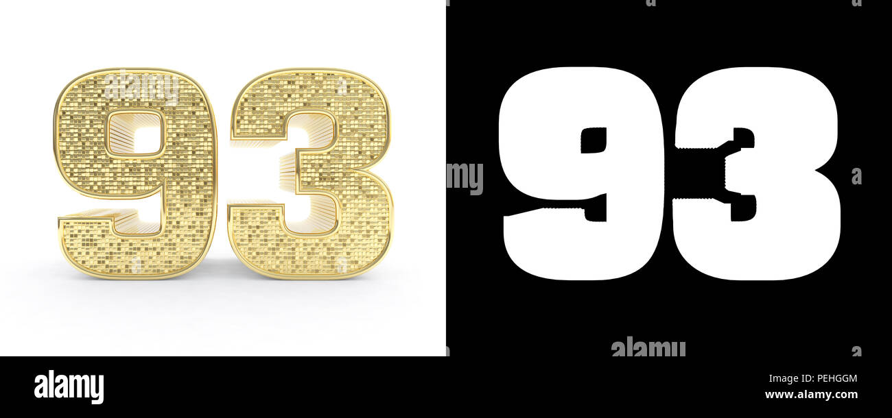 Golden number ninety three (number 93) on white background with drop ...