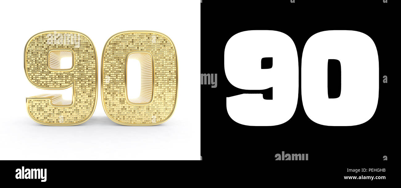 Golden number ninety (number 90) on white background with drop shadow ...