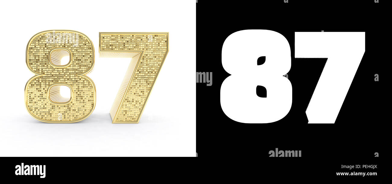 Golden number eighty seven (number 87) on white background with drop ...
