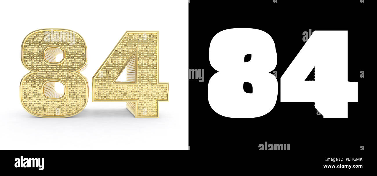 Golden number eighty four (number 84) on white background with drop ...