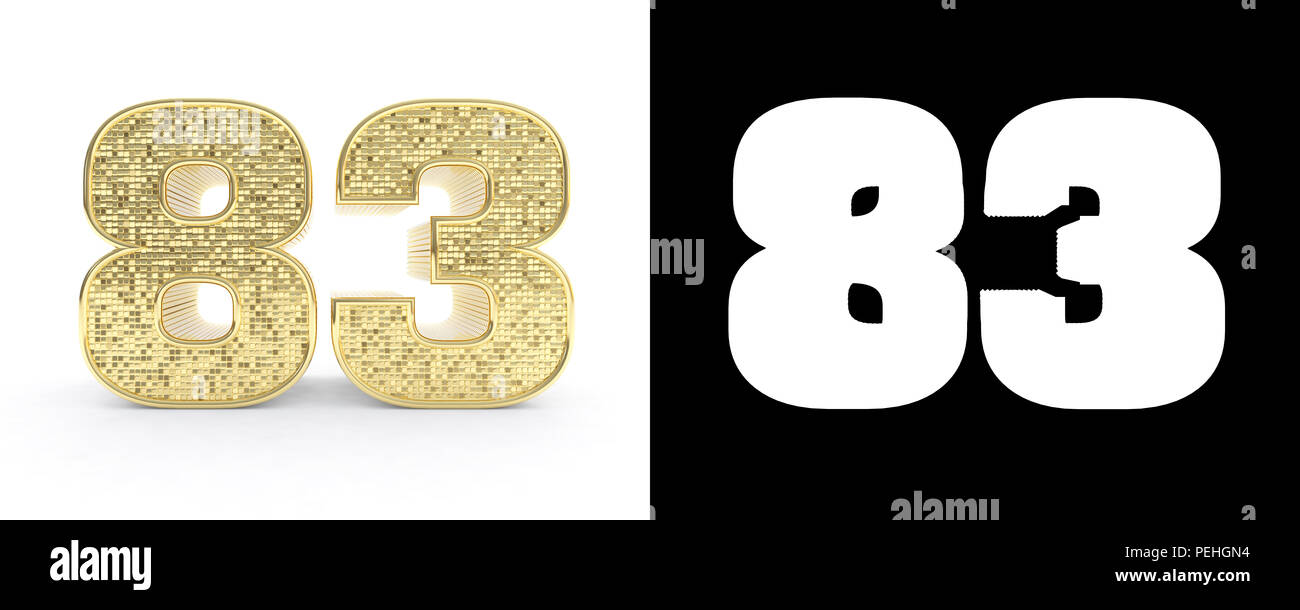 Golden number eighty three (number 83) on white background with drop ...
