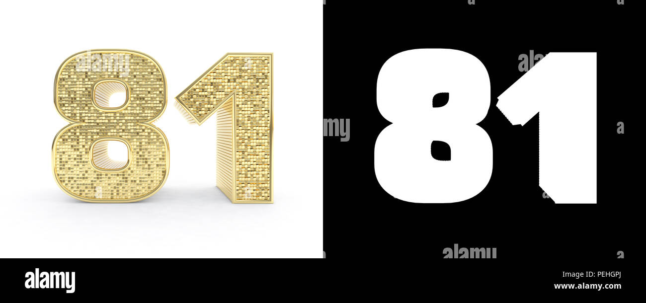 Golden number eighty one (number 81) on white background with drop ...