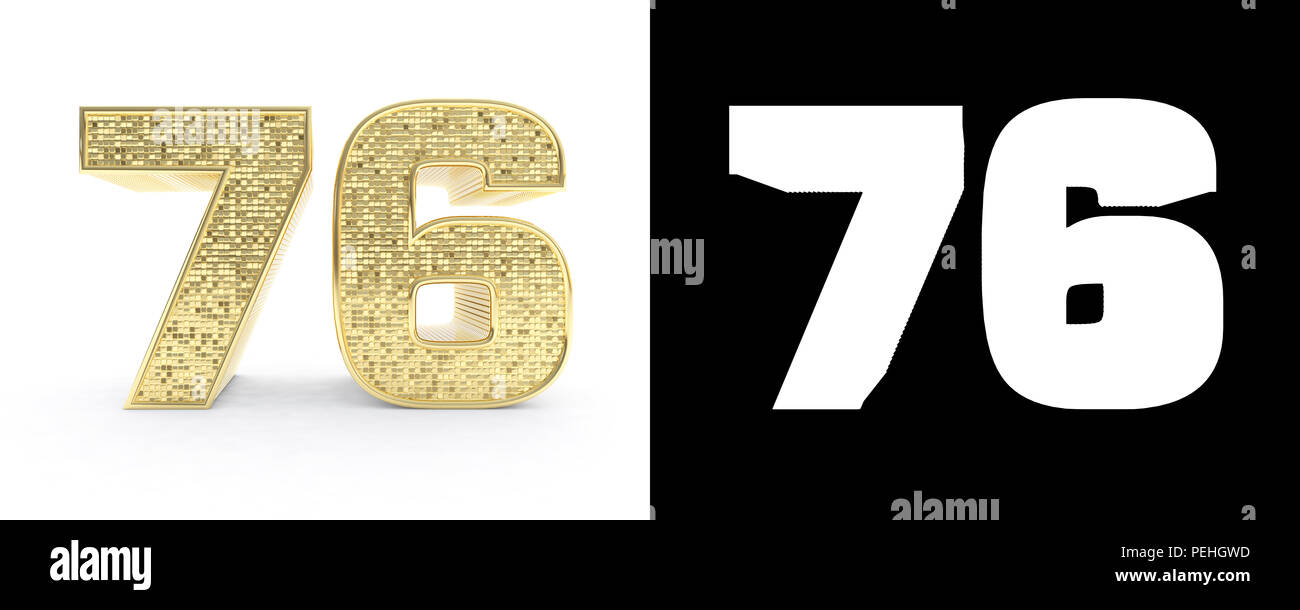 Golden number seventy six (number 76) on white background with drop ...