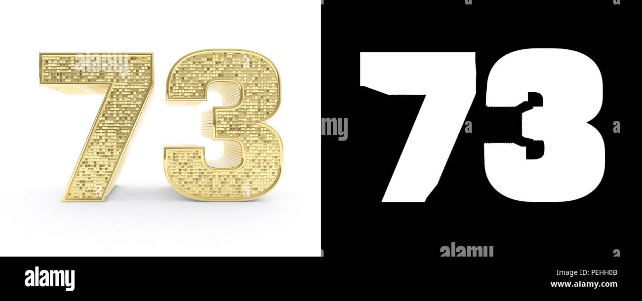 Golden number seventy three (number 73) on white background with drop ...