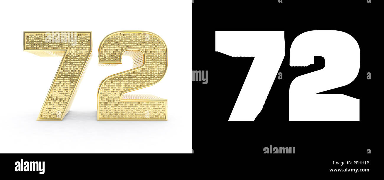 Golden number seventy two (number 72) on white background with drop ...