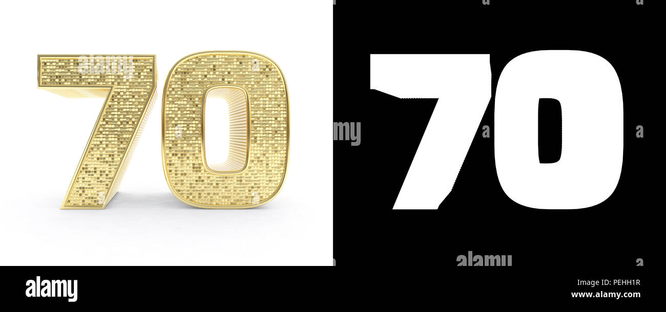 Golden number seventy (number 70) on white background with drop shadow ...