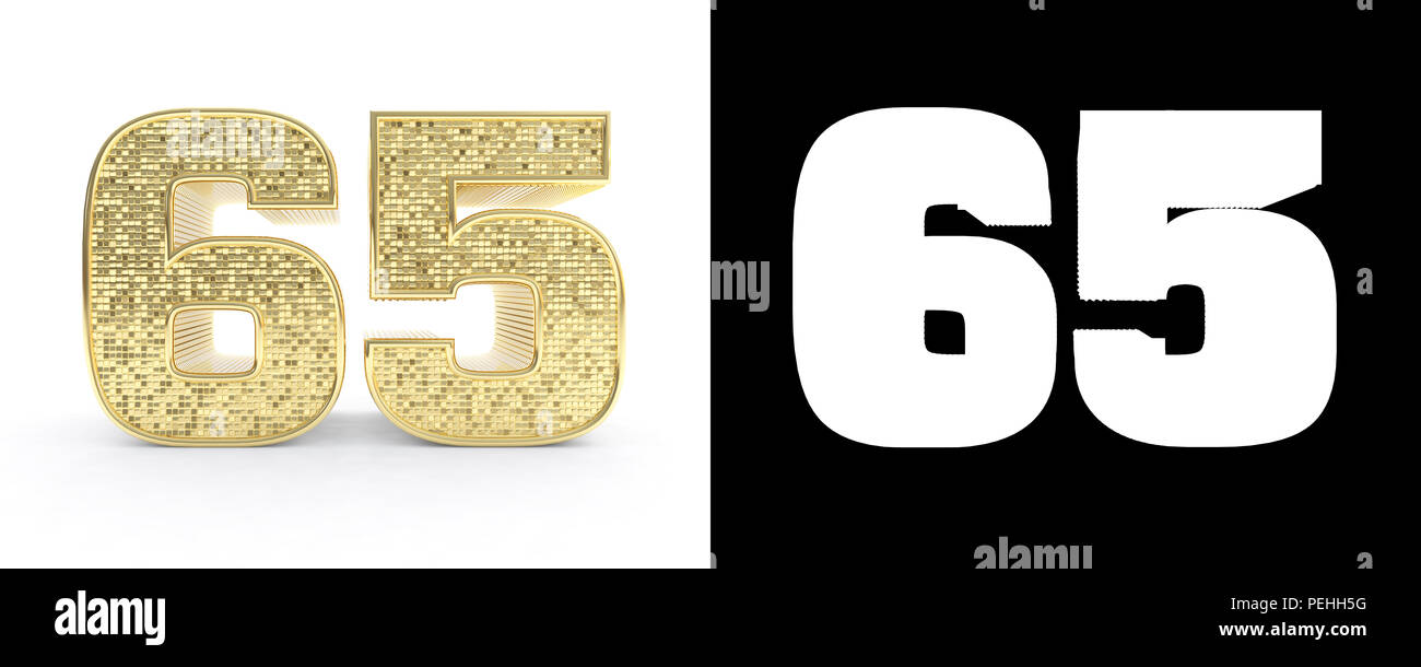 Golden number sixty five (number 65) on white background with drop ...