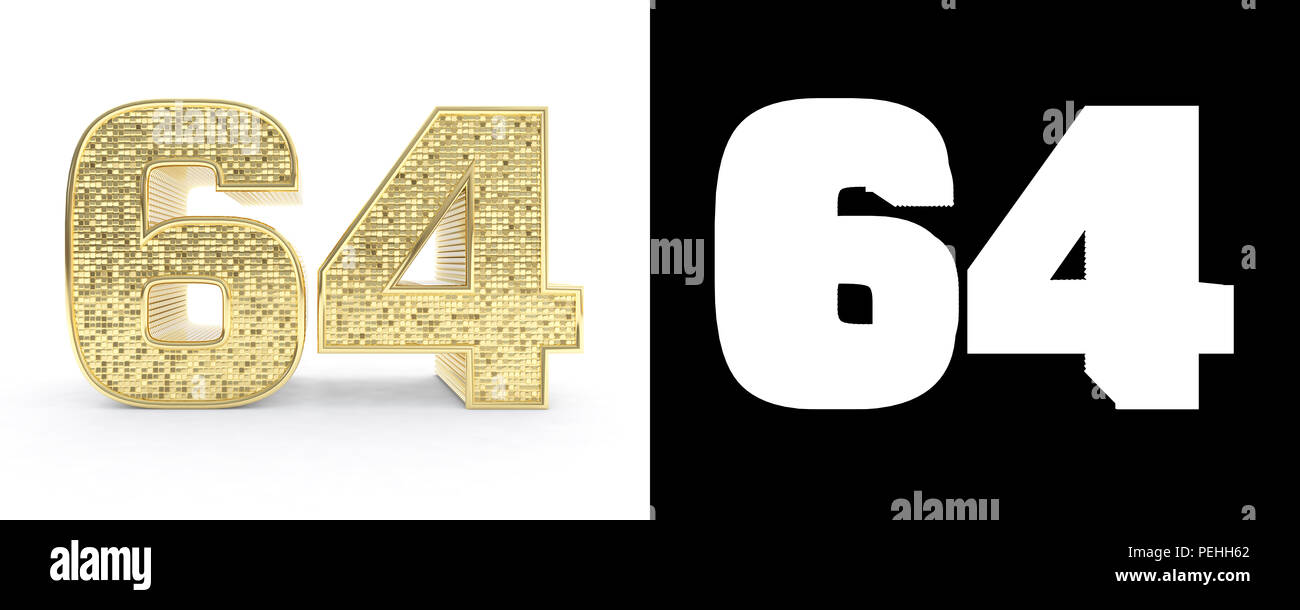 Golden number sixty four (number 64) on white background with drop ...