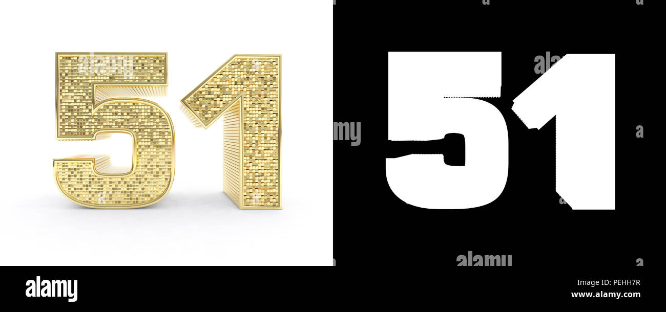 Golden number fifty one (number 51) on white background with drop ...