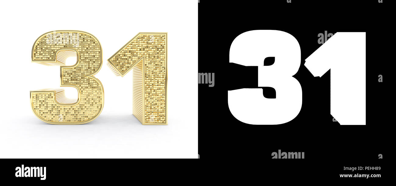 Golden number thirty one (number 31) on white background with drop ...