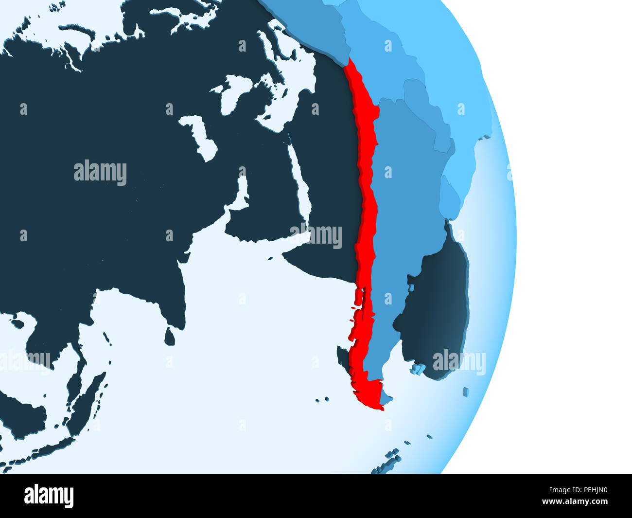 Chile in red on simple blue political globe with visible country ...