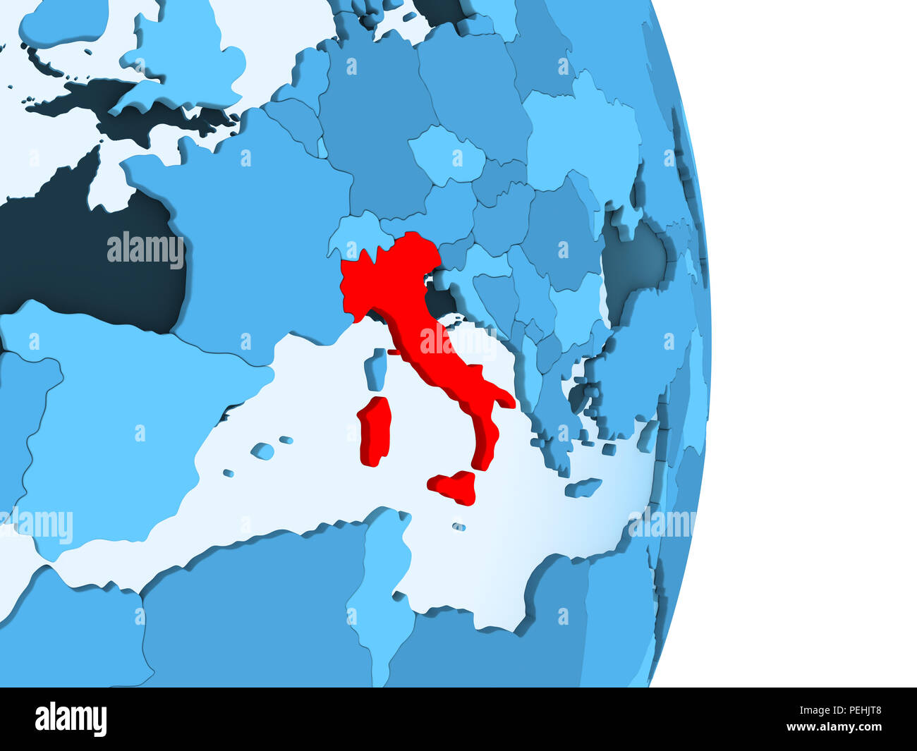Italy in red on simple blue political globe with visible country ...