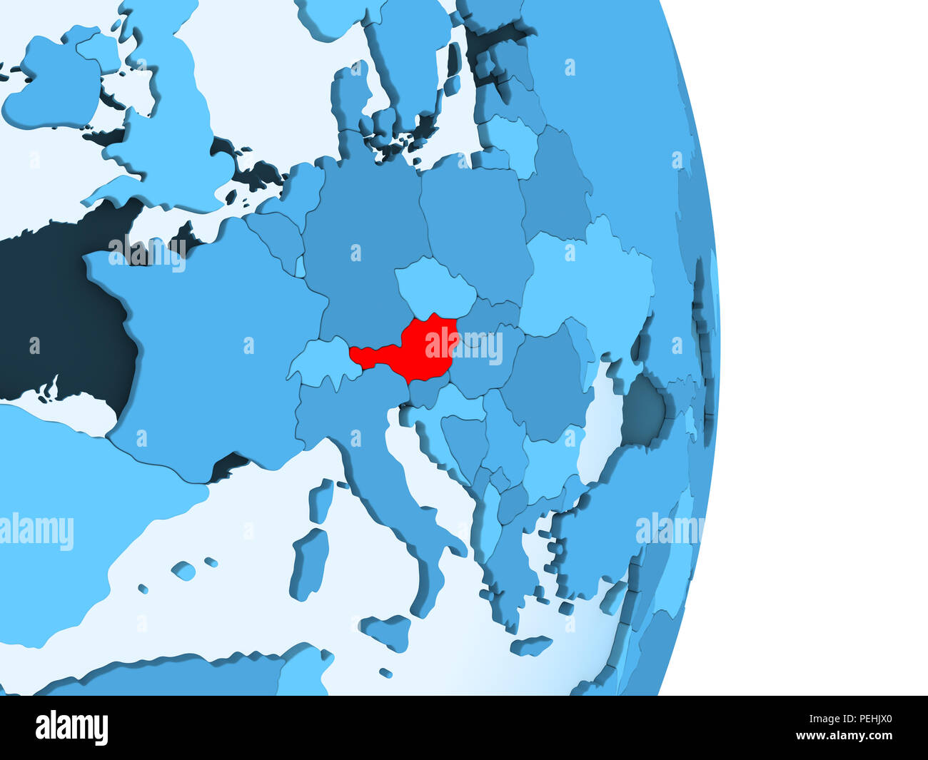 Austria in red on simple blue political globe with visible country ...
