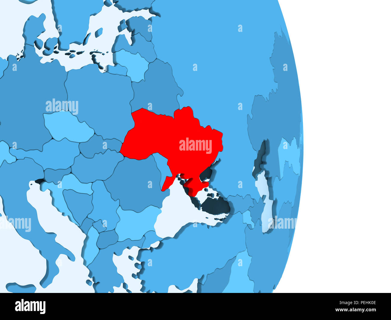 Ukraine in red on simple blue political globe with visible country ...