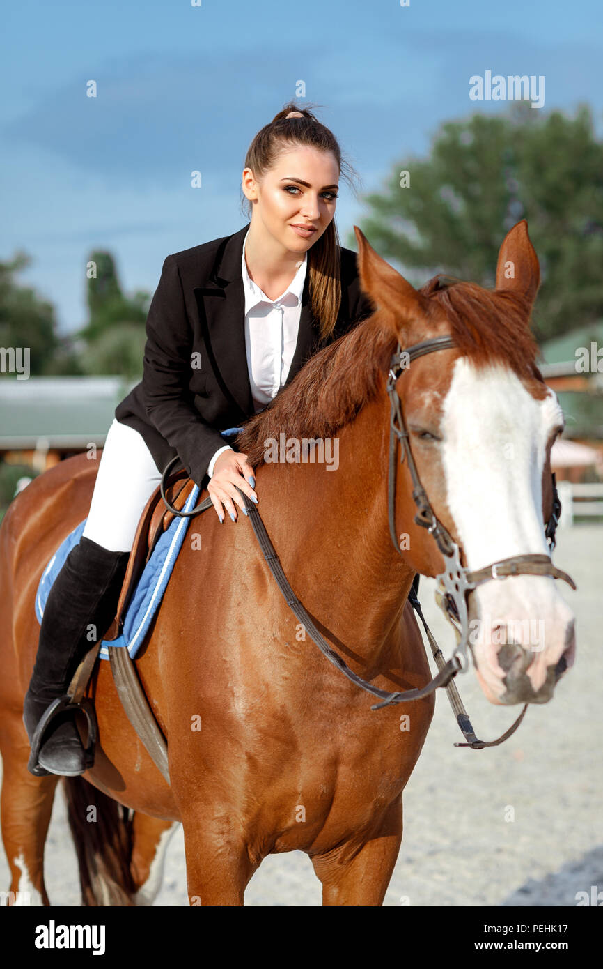 Rider elegant woman riding her horse outside Stock Photo - Alamy