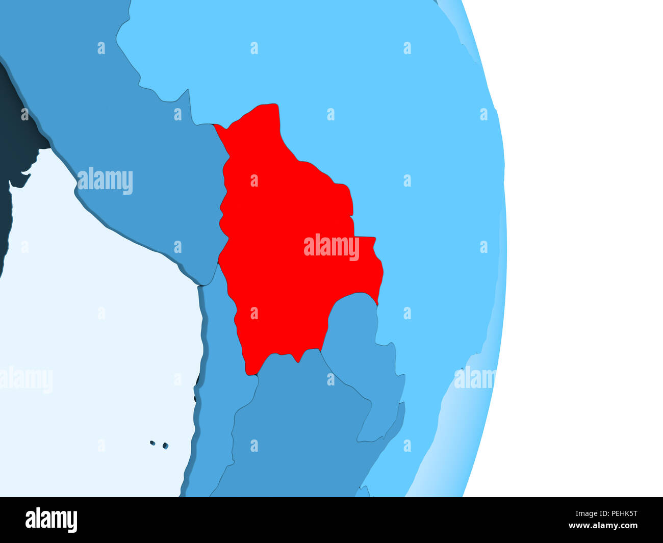 Bolivia in red on simple blue political globe with visible country ...