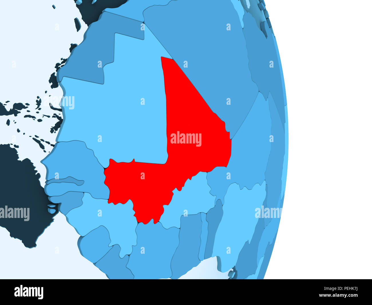 Mali in red on simple blue political globe with visible country borders ...