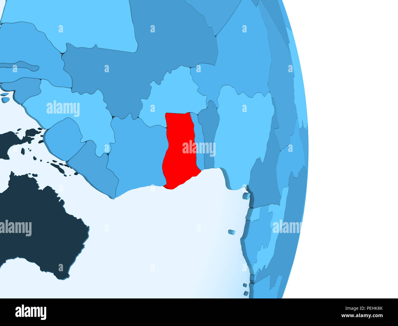 Ghana in red on simple blue political globe with visible country ...