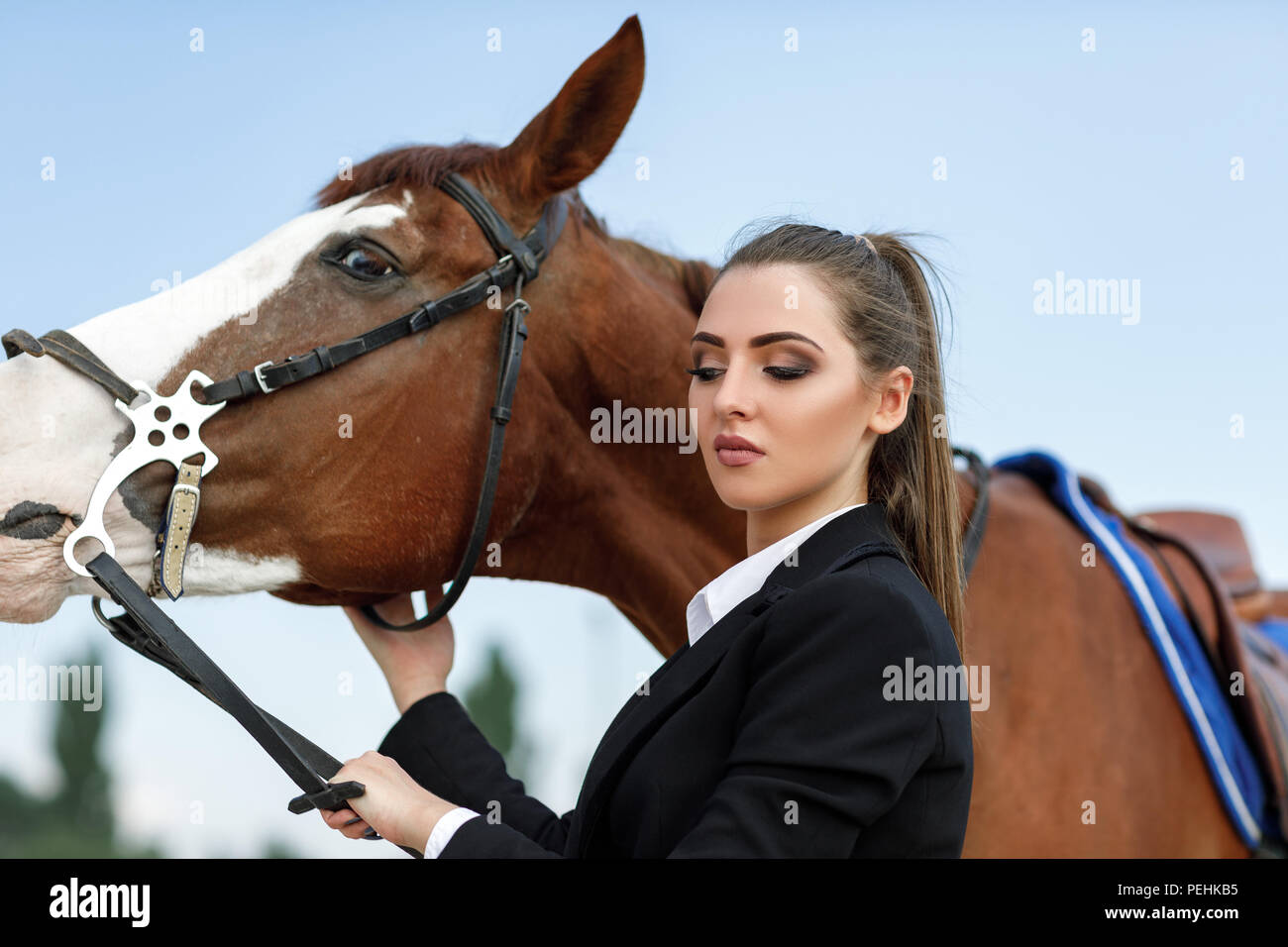 Rider elegant woman riding her horse outside Stock Photo - Alamy