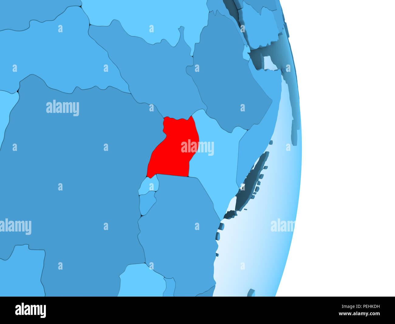 Uganda in red on simple blue political globe with visible country ...