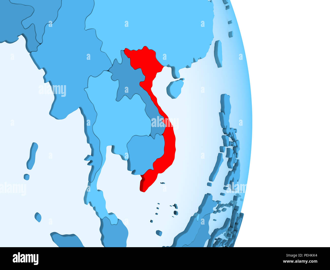 Vietnam in red on simple blue political globe with visible country ...