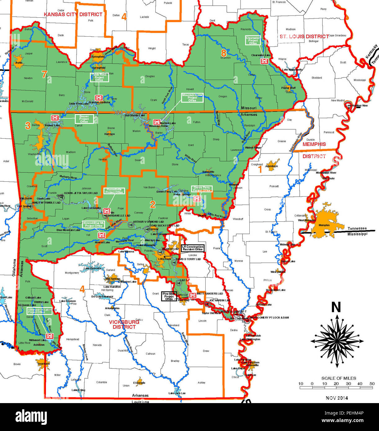 District boundaries and project offices are mapped in the Little Rock ...