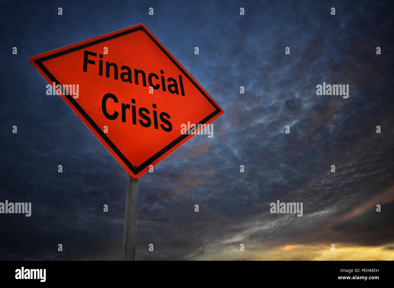 Financial Crisis warning road sign with storm background Stock Photo ...
