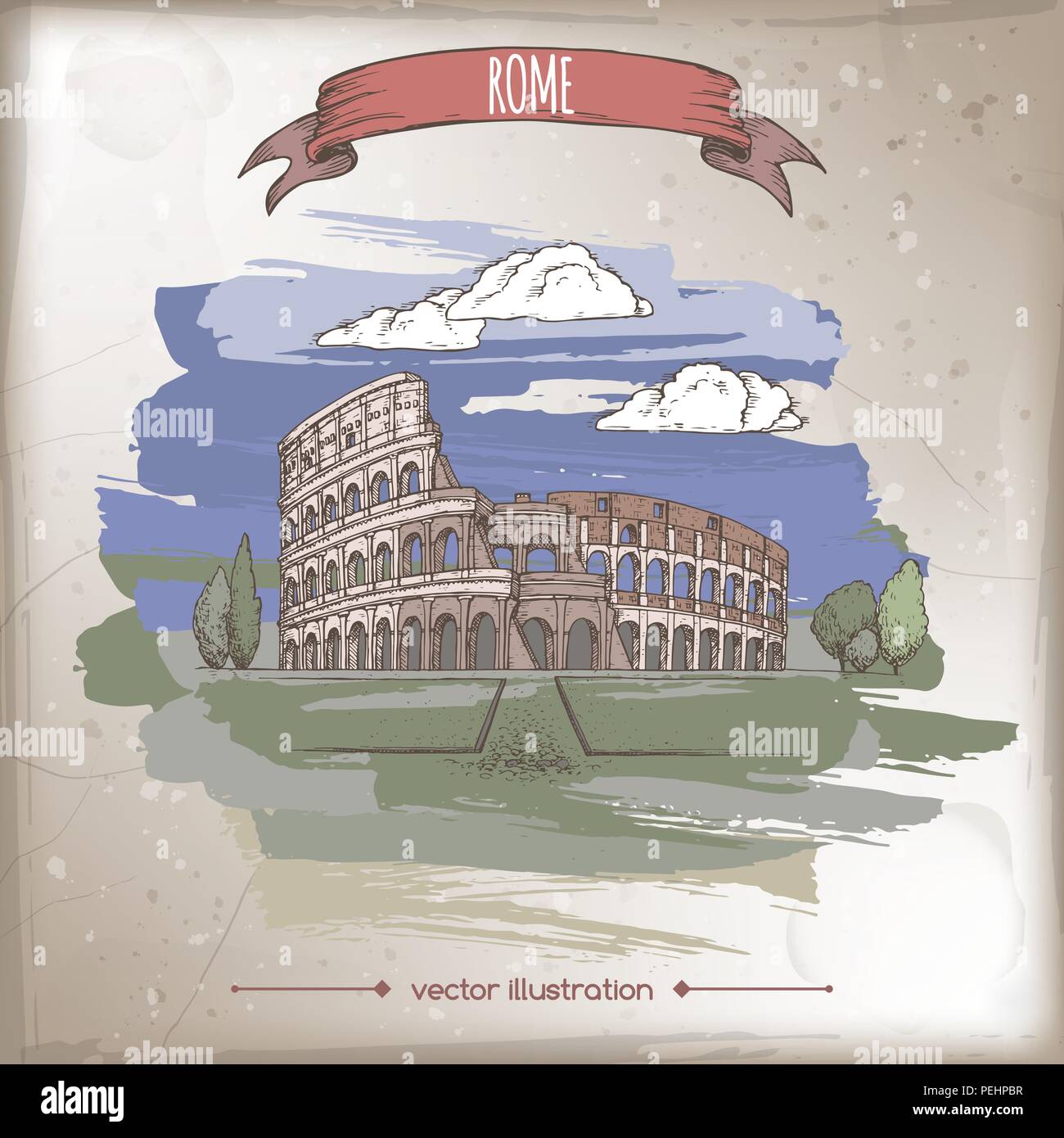 Color vintage travel illustration with Colosseum aka Coliseum in Rome ...
