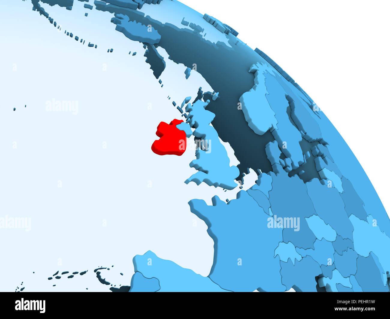 Ireland highlighted on blue 3D model of political globe with ...