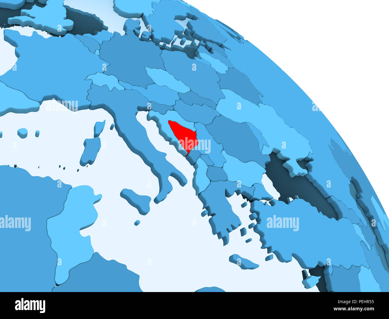 Bosnia and Herzegovina highlighted on blue 3D model of political globe ...