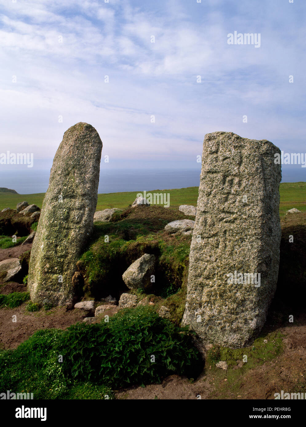 Two of 4 Early Christian (C5th-6th) memorial stones on display beside ...