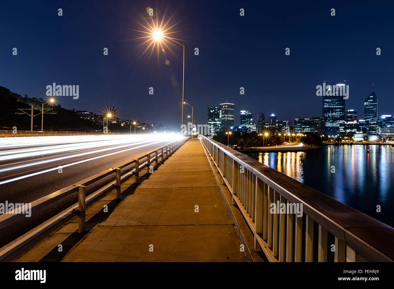Light trails, Narrows Bridge Perth City by night Stock Photo - Alamy